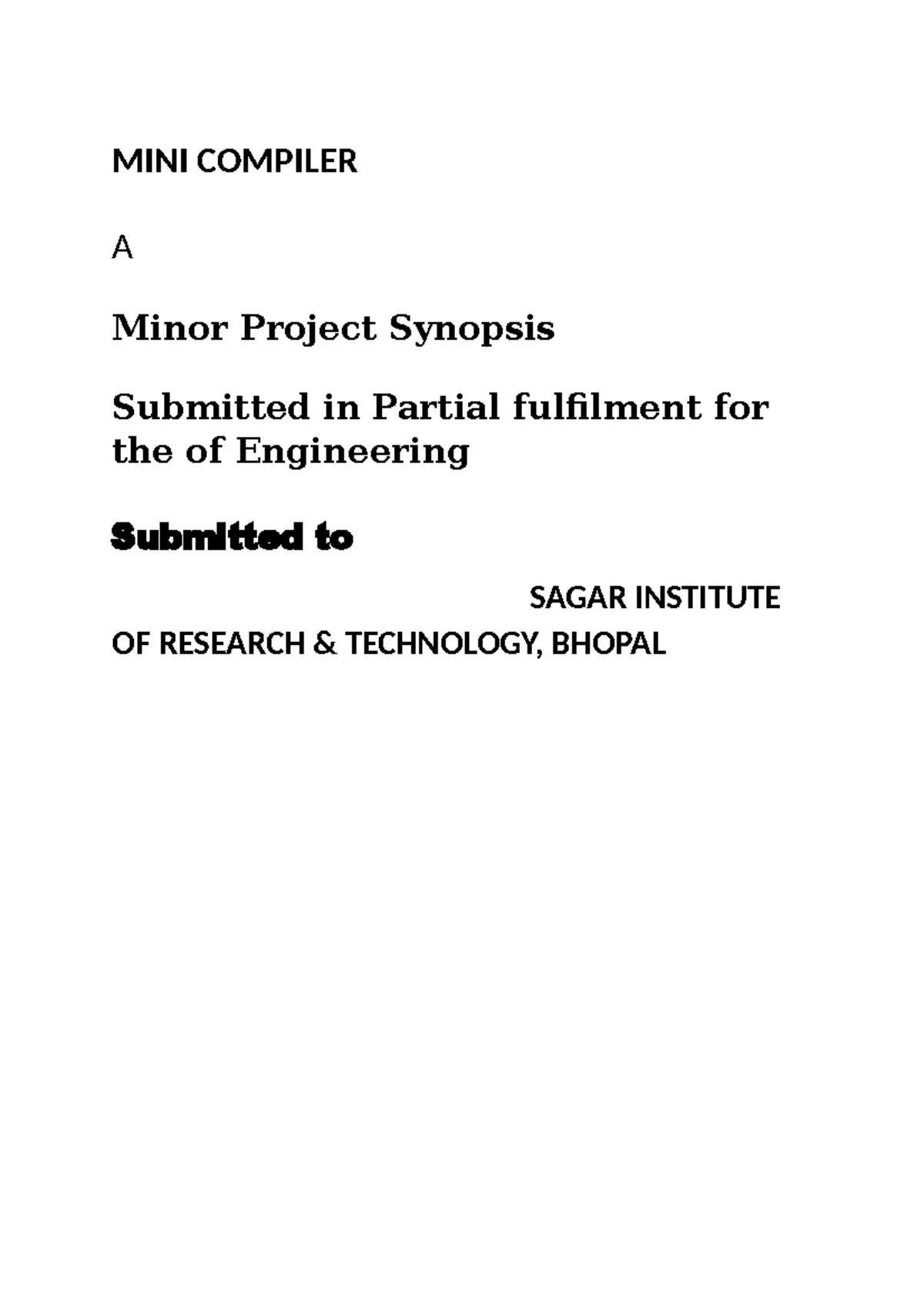 MINI COMPILER (CSE 2023) Project Synopsis and Overview - Studocu