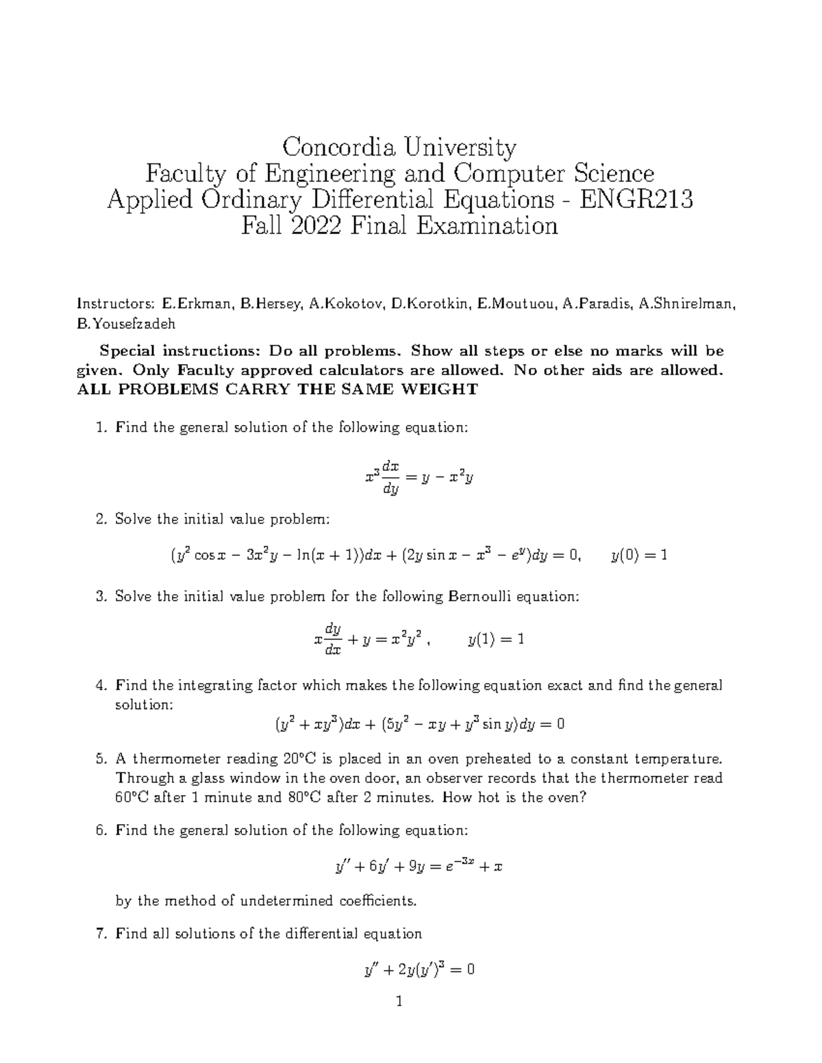 ENGR213 Fall 2022 Final Exam: Applied Ordinary Differential Equations ...