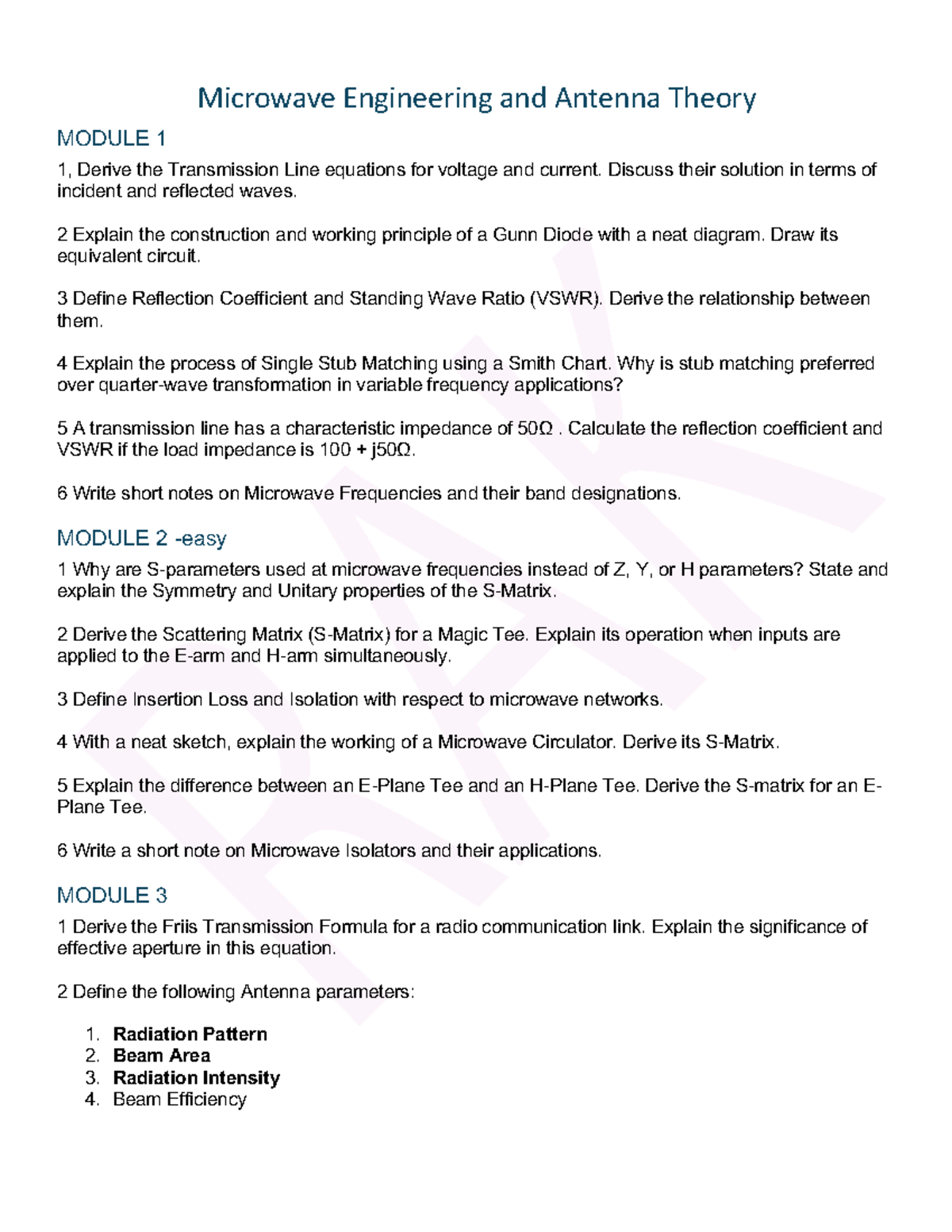 Microwave Engineering and Antenna Theory: Module 1 & 2 Notes - Studocu
