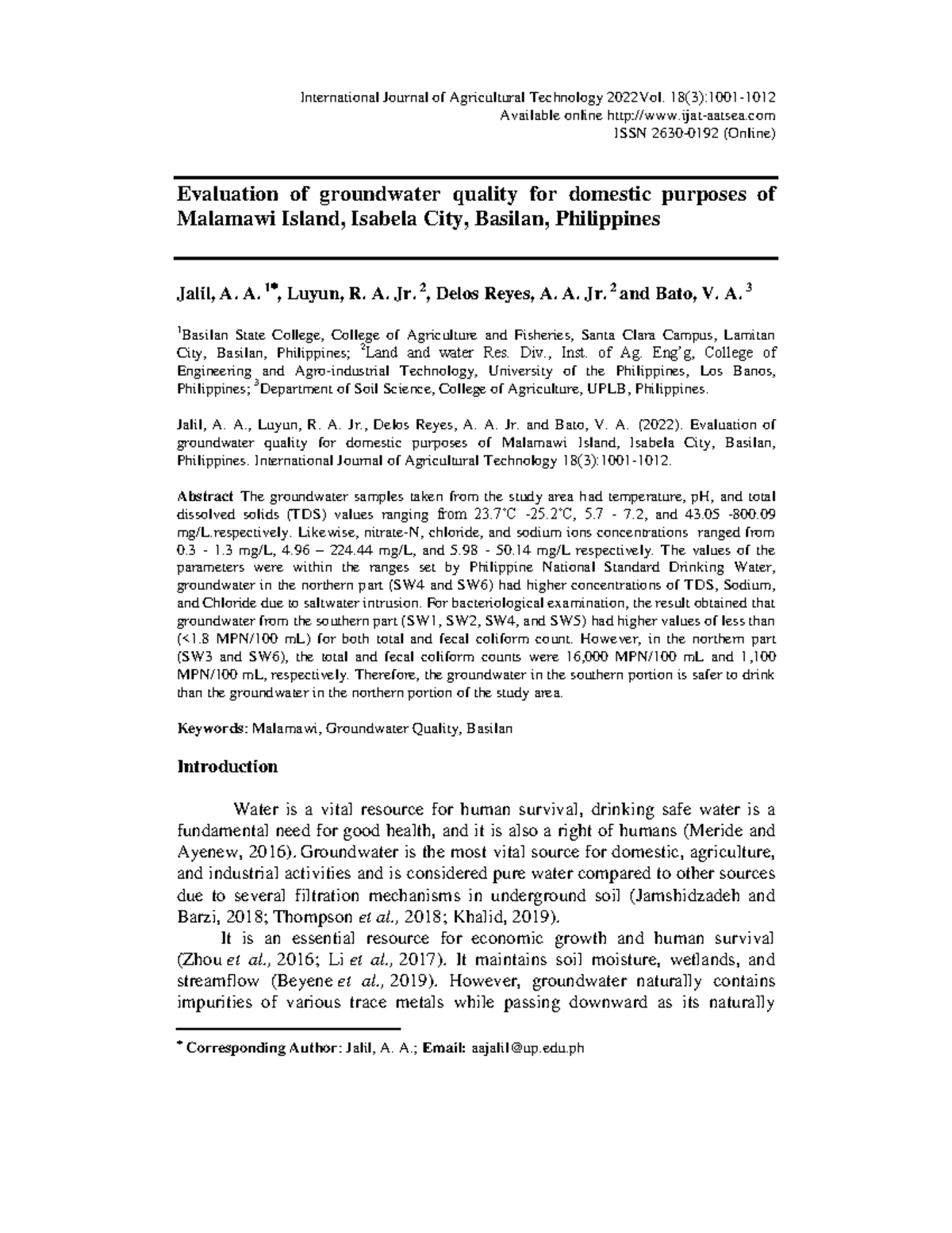 Evaluation of Groundwater Quality for Domestic Use: Malamawi Island ...