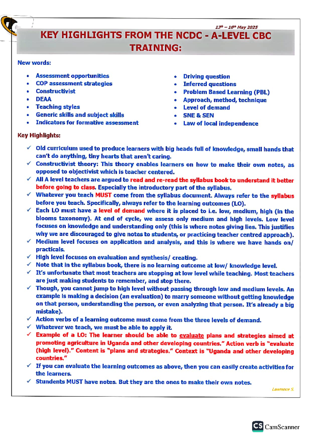 KEY HIGHLIGHTS ON A LEVEL CBC TRAINING (CS) - 13th-16th May 2025 - Studocu