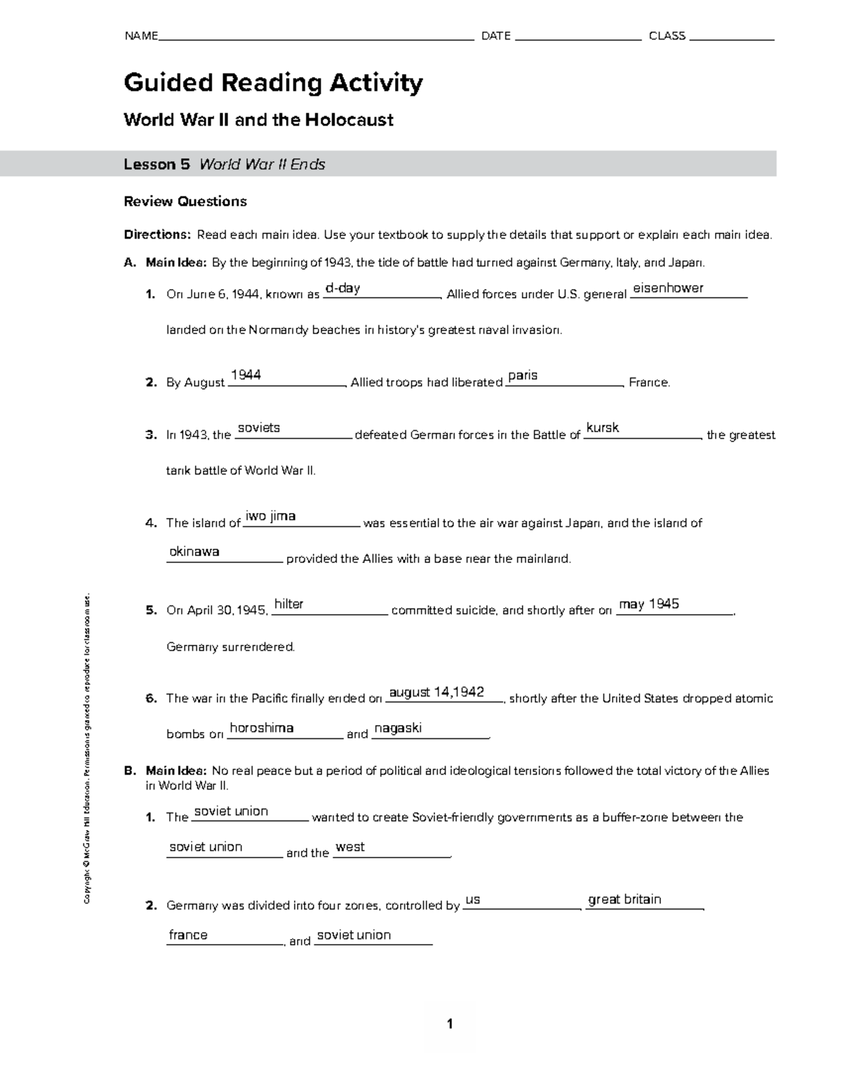 Guided Reading 12 - NAME DATE CLASS World War II and the Holocaust ...