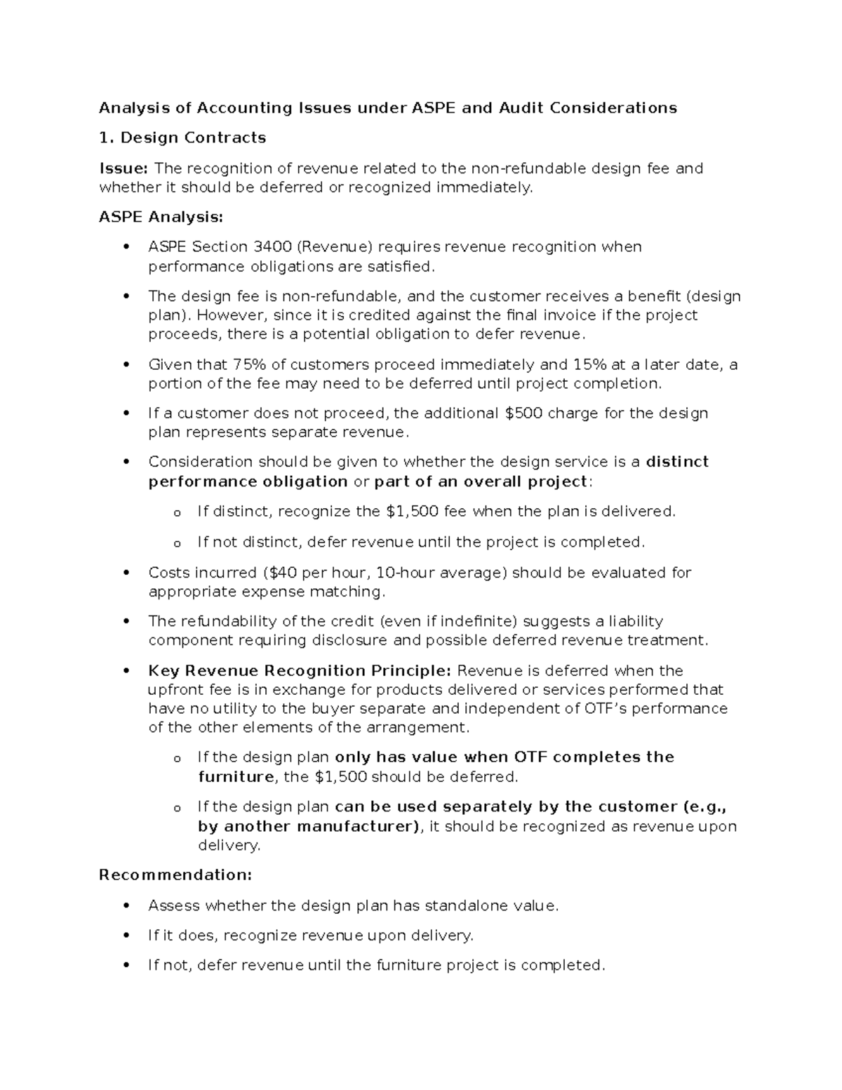 Financial Reporting - Note - Analysis of Accounting Issues under ASPE ...