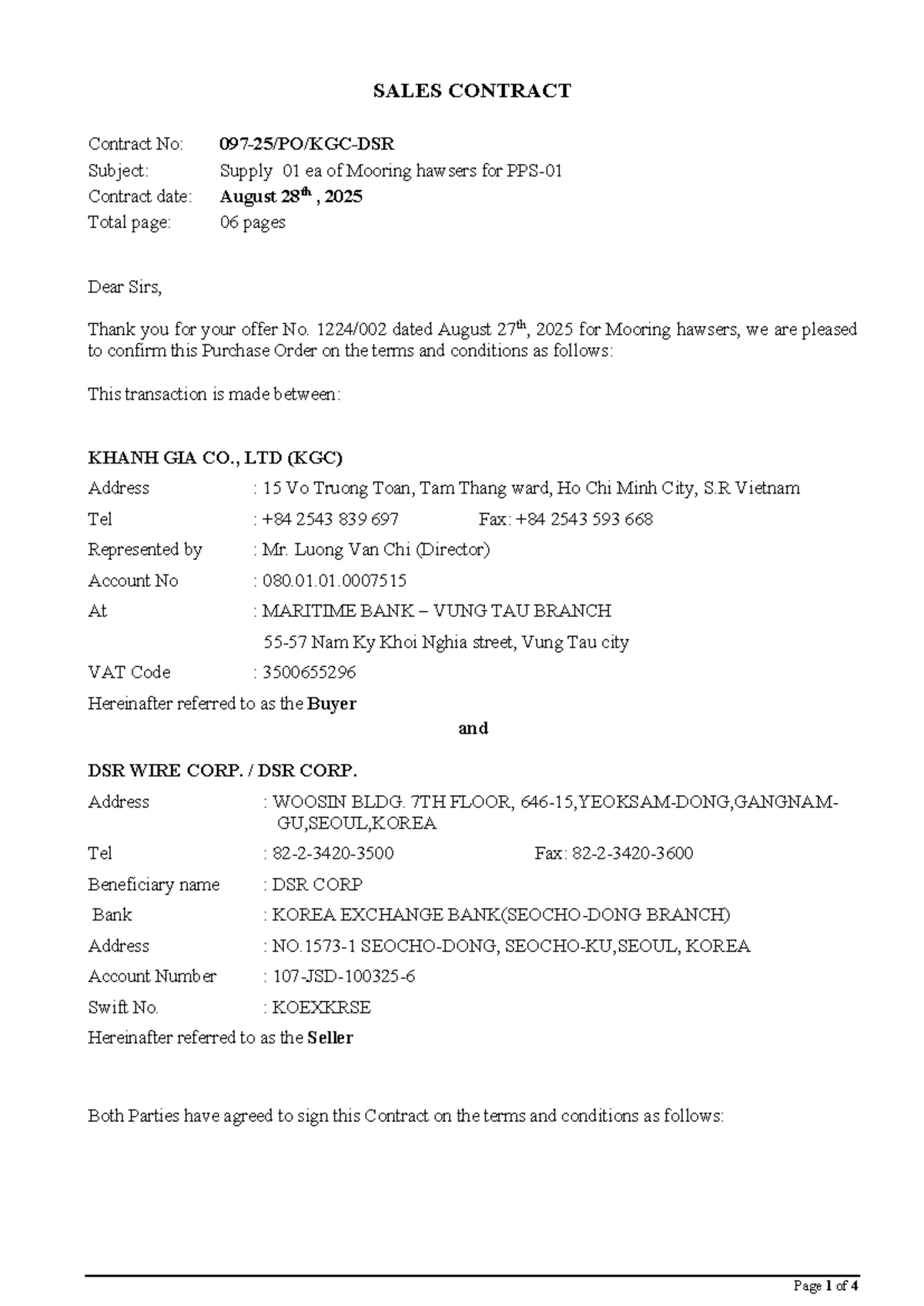 SALES CONTRACT No. 097-25: Purchase Order for Mooring Hawsers - Studocu