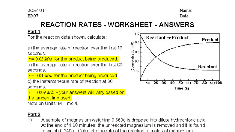 SCH4U1 Reaction Rates Worksheet Answers - Studocu