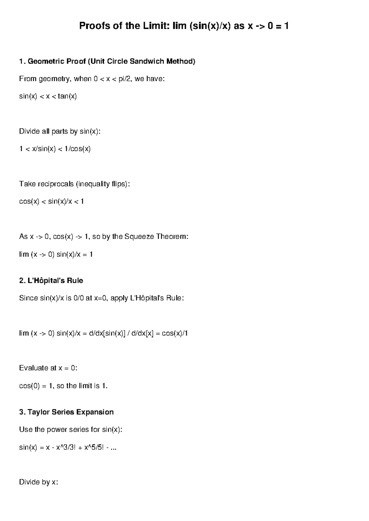 Limit proofs: sin(x) over x using geometric and Taylor series methods ...