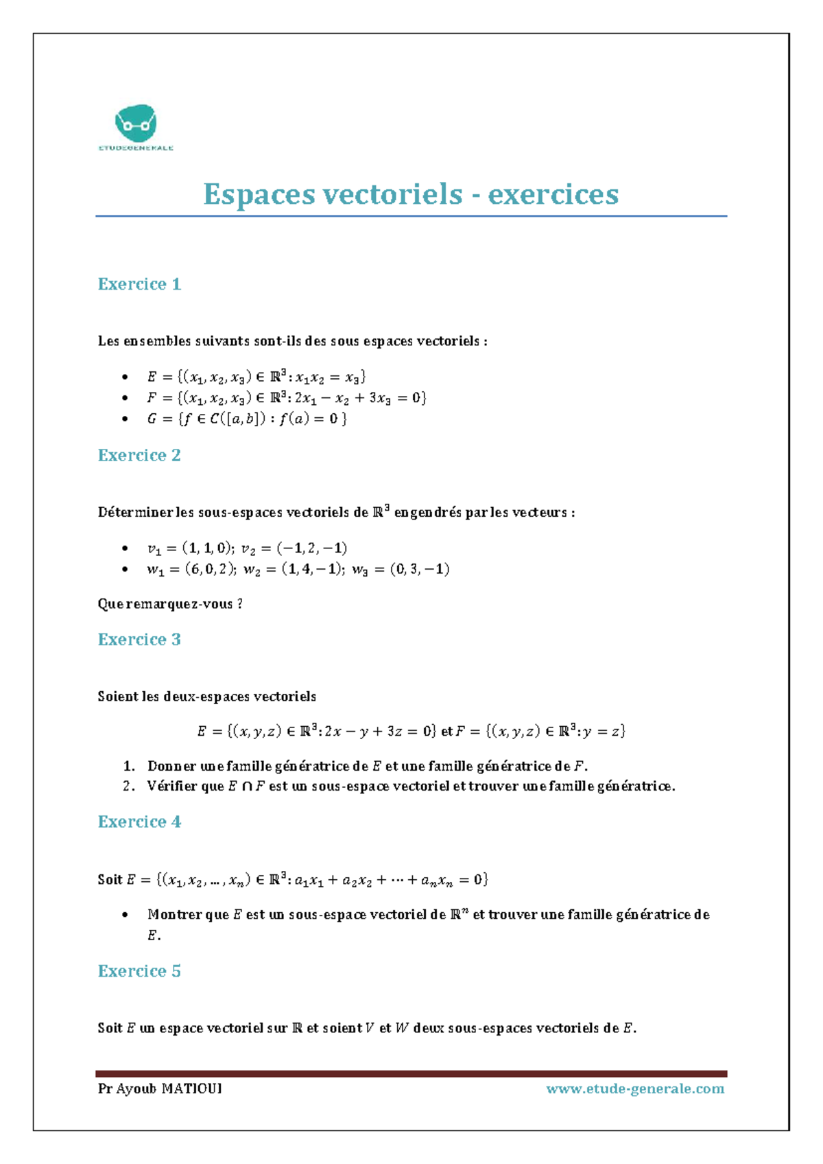 Exercices sur les Espaces Vectoriels S2 - Pr Ayoub MATIOUI - Studocu