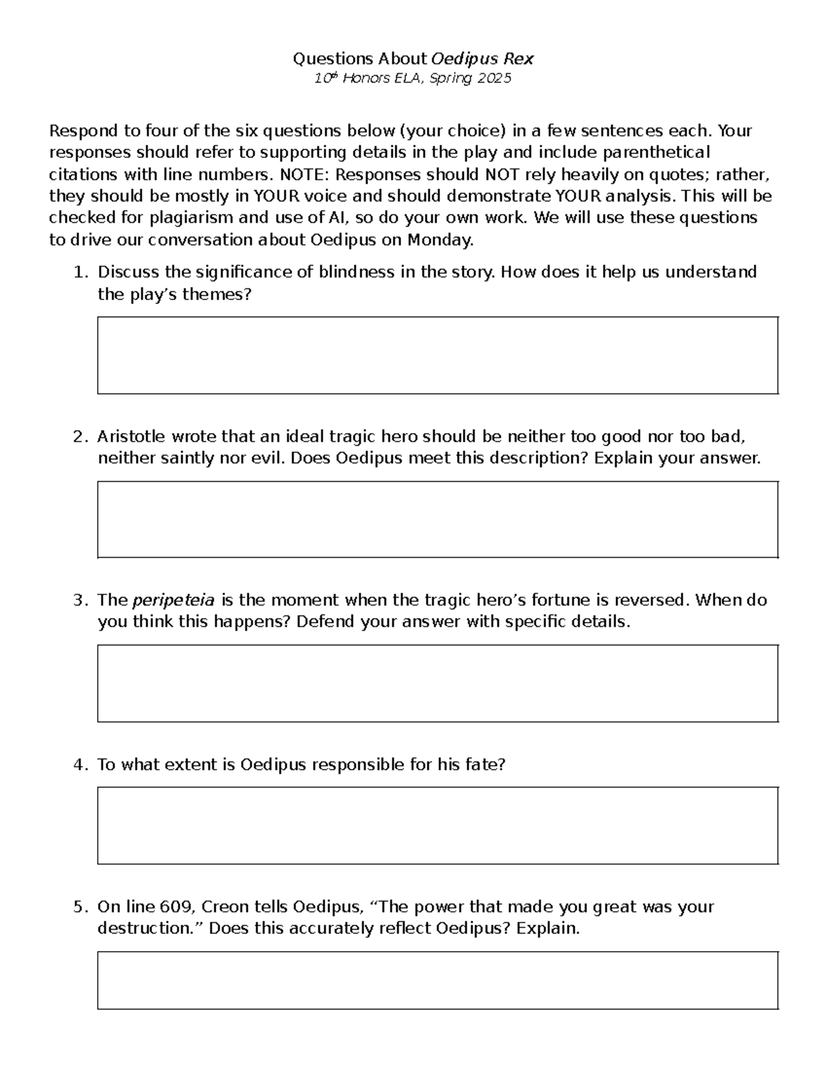 Oedipus questions (honors) (1) - Questions About Oedipus Rex 10 th ...