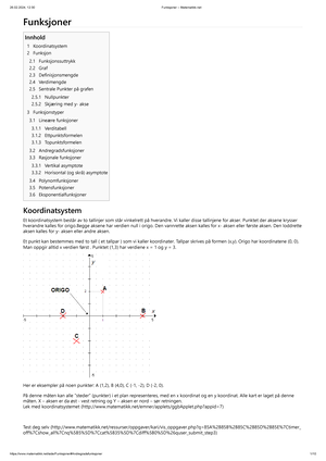 Lineær Funksjoner – Matematikk - Funksjoner Innhold 1 Koordinatsystem 2 ...