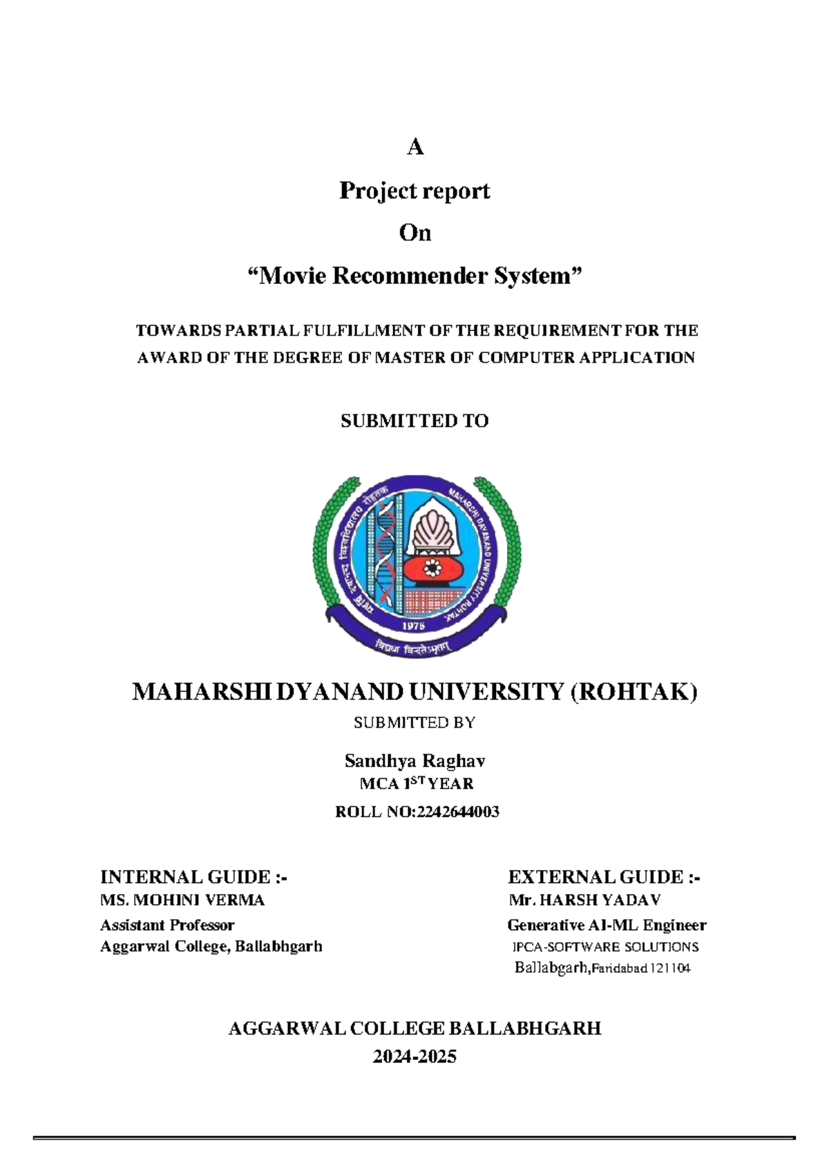 MCA Project: Movie Recommender System Development Report - Studocu