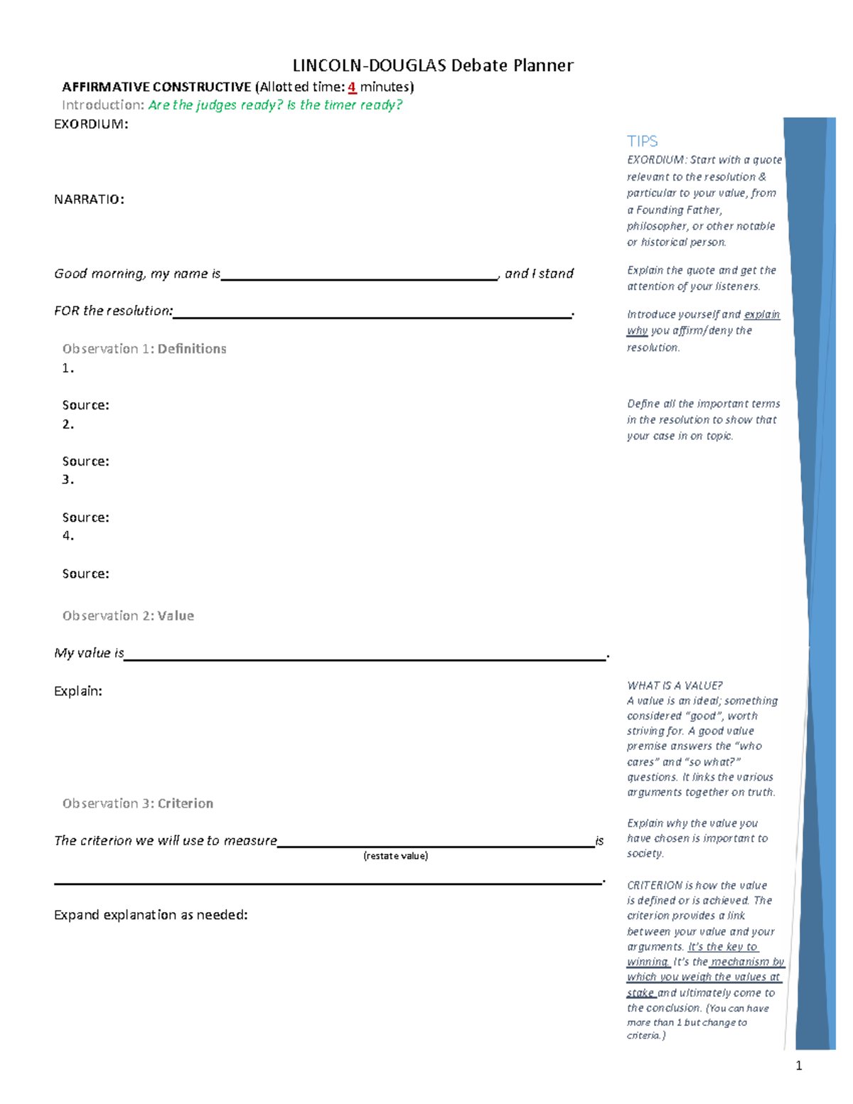 Lincoln-Douglas Debate Planner Outline Worksheet - Studocu