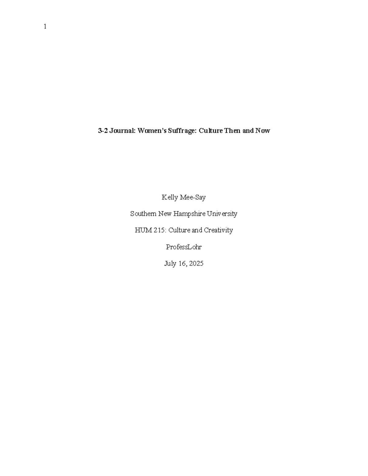 HUM 215: Journal on Women's Suffrage - Culture Then and Now - Studocu
