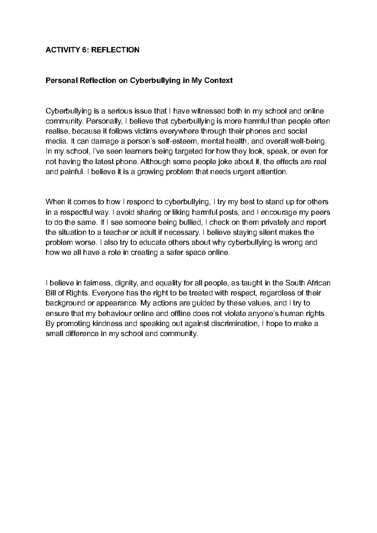 ACTIVITY 6: Reflection on Cyberbullying and Its Impact in My Context ...