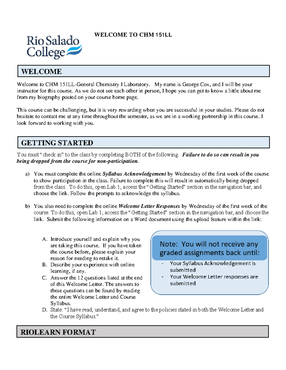 CHM 151LL Welcome Letter: Course Overview and Important Info - Studocu