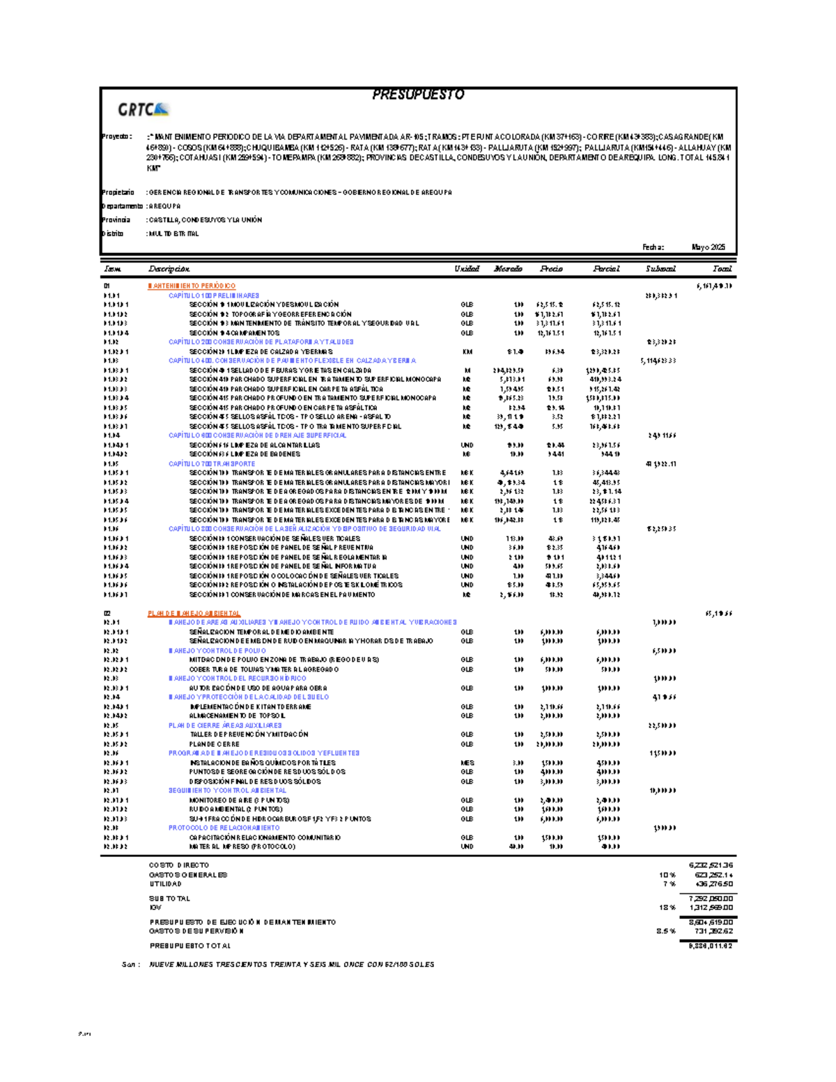 PRESUPUESTO DE MANTENIMIENTO DE VÍAS DE AREQUIPA - PROYECTO 3.4.5.2 ...
