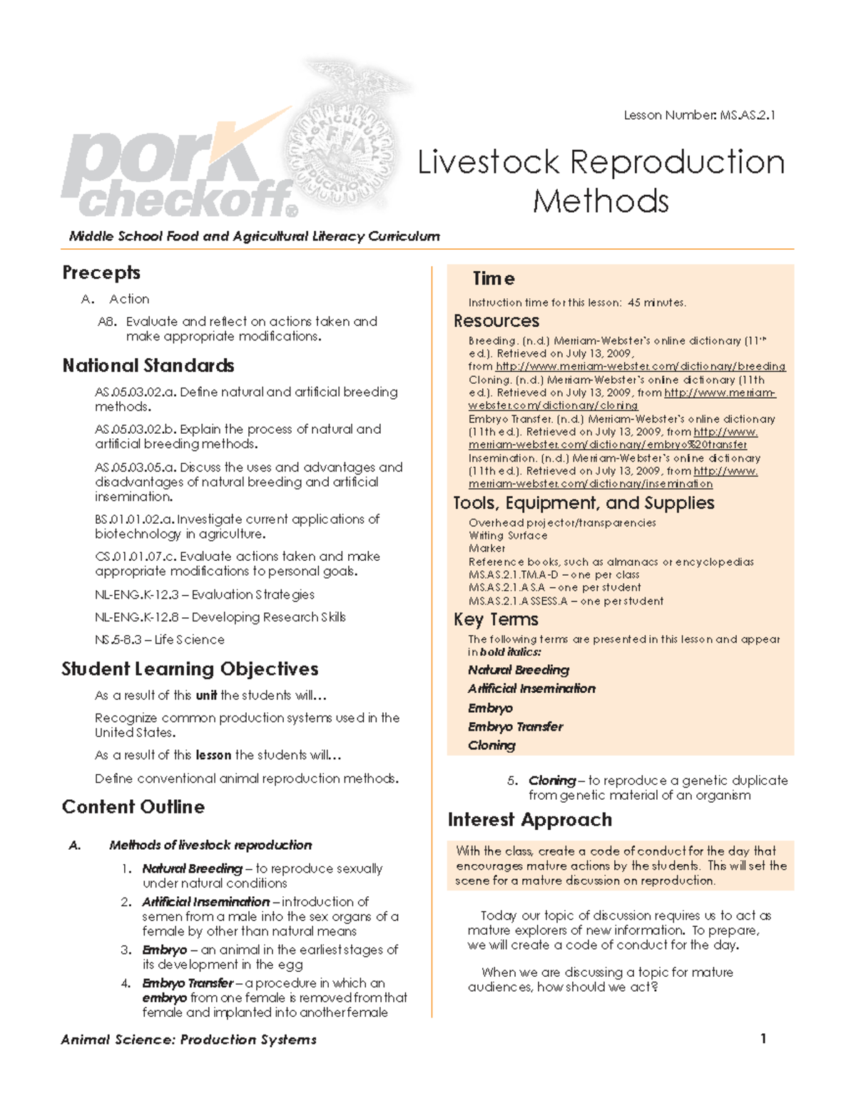 MS.AS.2.1 Lesson: Livestock Reproduction Methods in Agriculture - Studocu