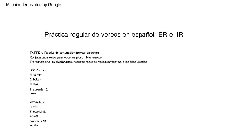 Regular ER/IR Verbs Practice Worksheet (Spanish) - Studocu