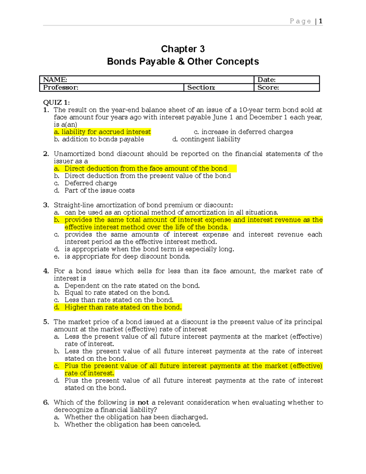 QUIZ CH 3: Bonds Payable & Other Financial Concepts - Studocu