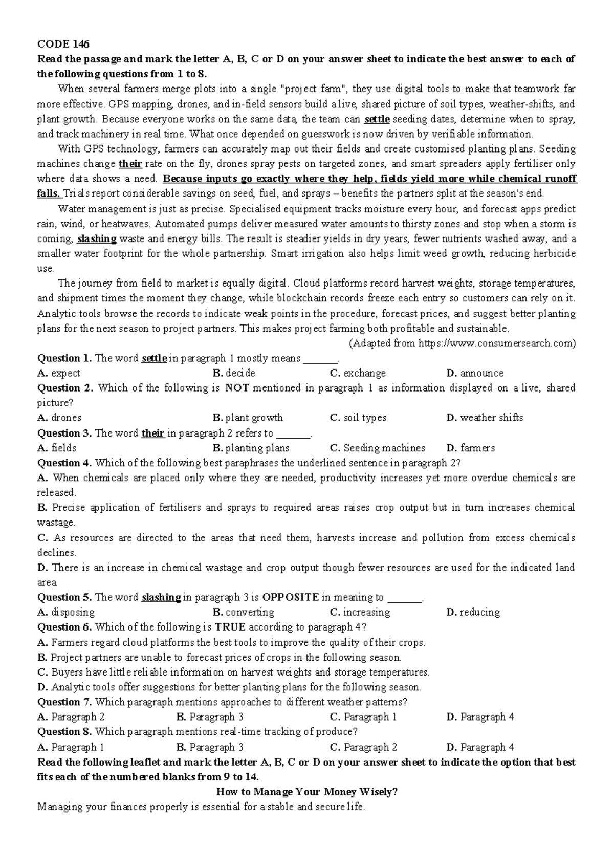 Mã Đề 1146 - Digital Farming Practices and Financial Management - Studocu