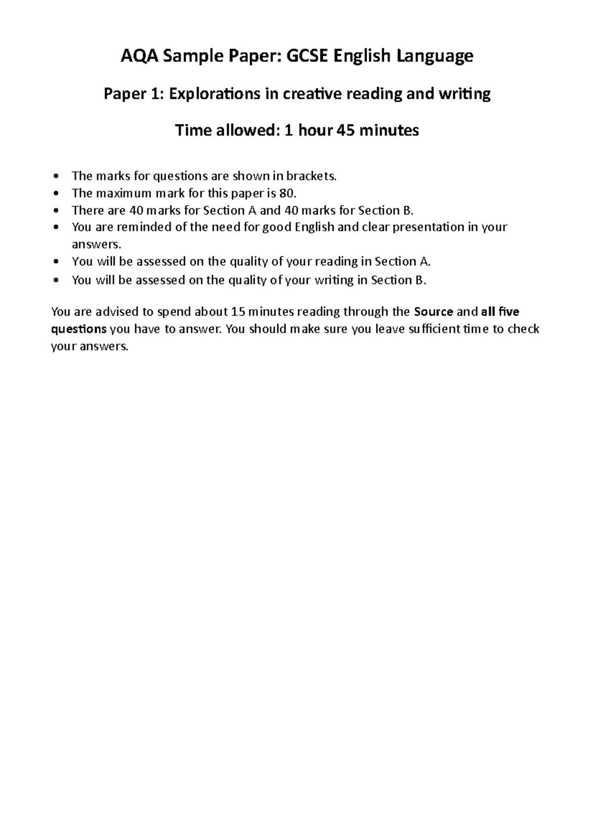 AQA GCSE English Language Sample Paper 1: Creative Reading & Writing ...
