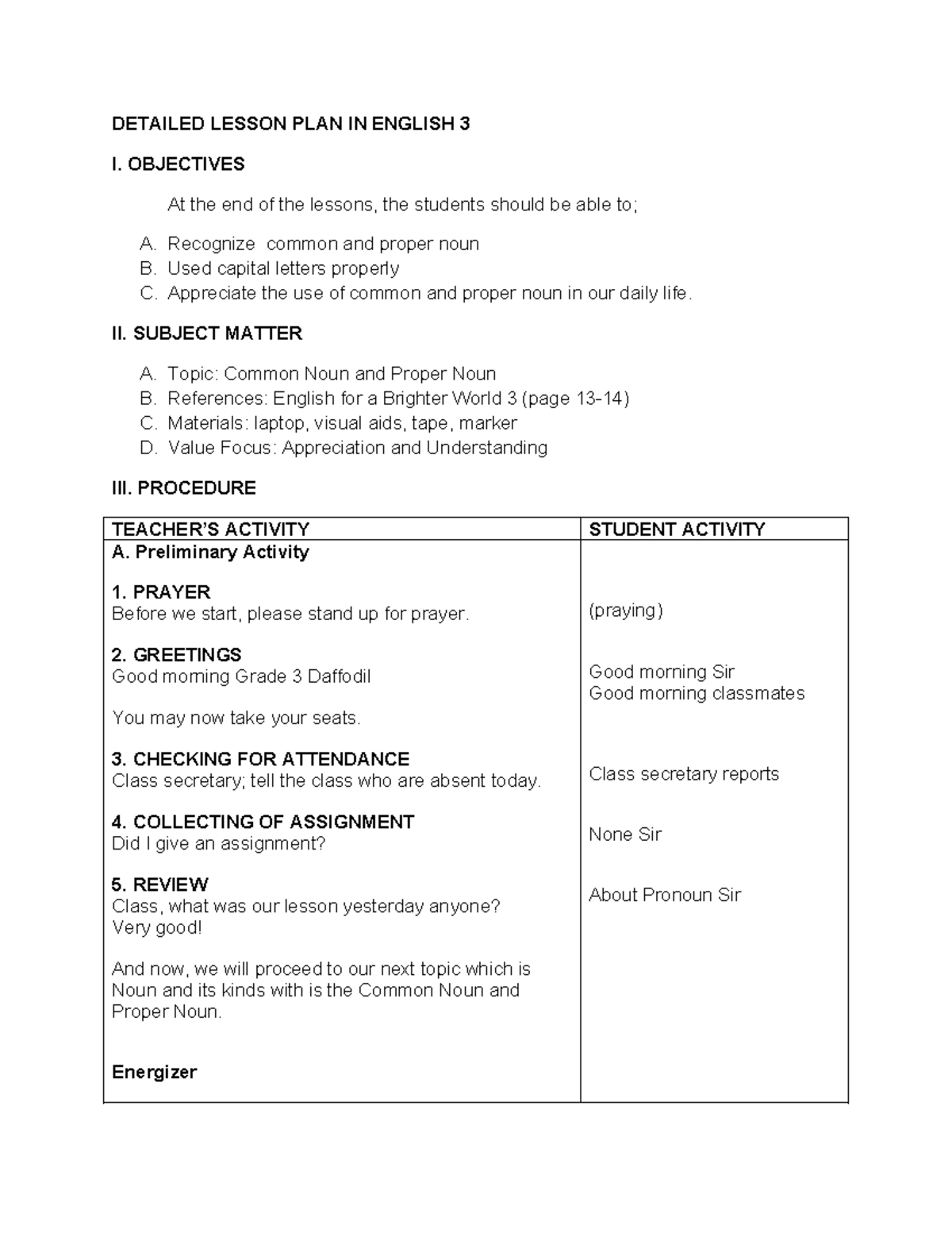 Detailed Lesson Plan: Common & Proper Nouns for ENG 3 - Studocu