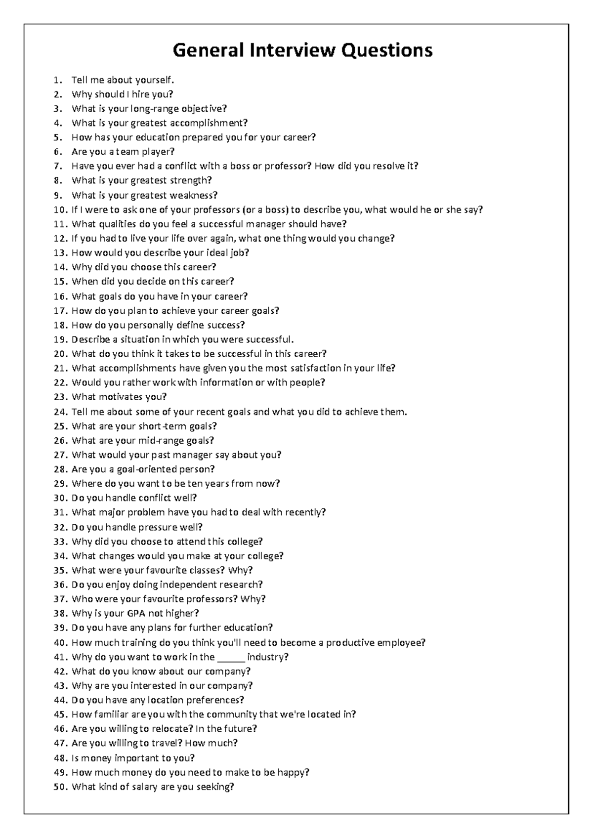 General Interview Questions: Key Topics & Sample Answers - Studocu