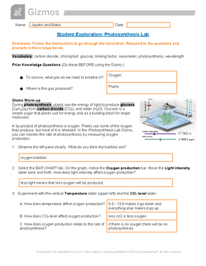 Photosynthesis Lab Gizmo Student Handout - Name: Blake Dalton Date: (9 ...