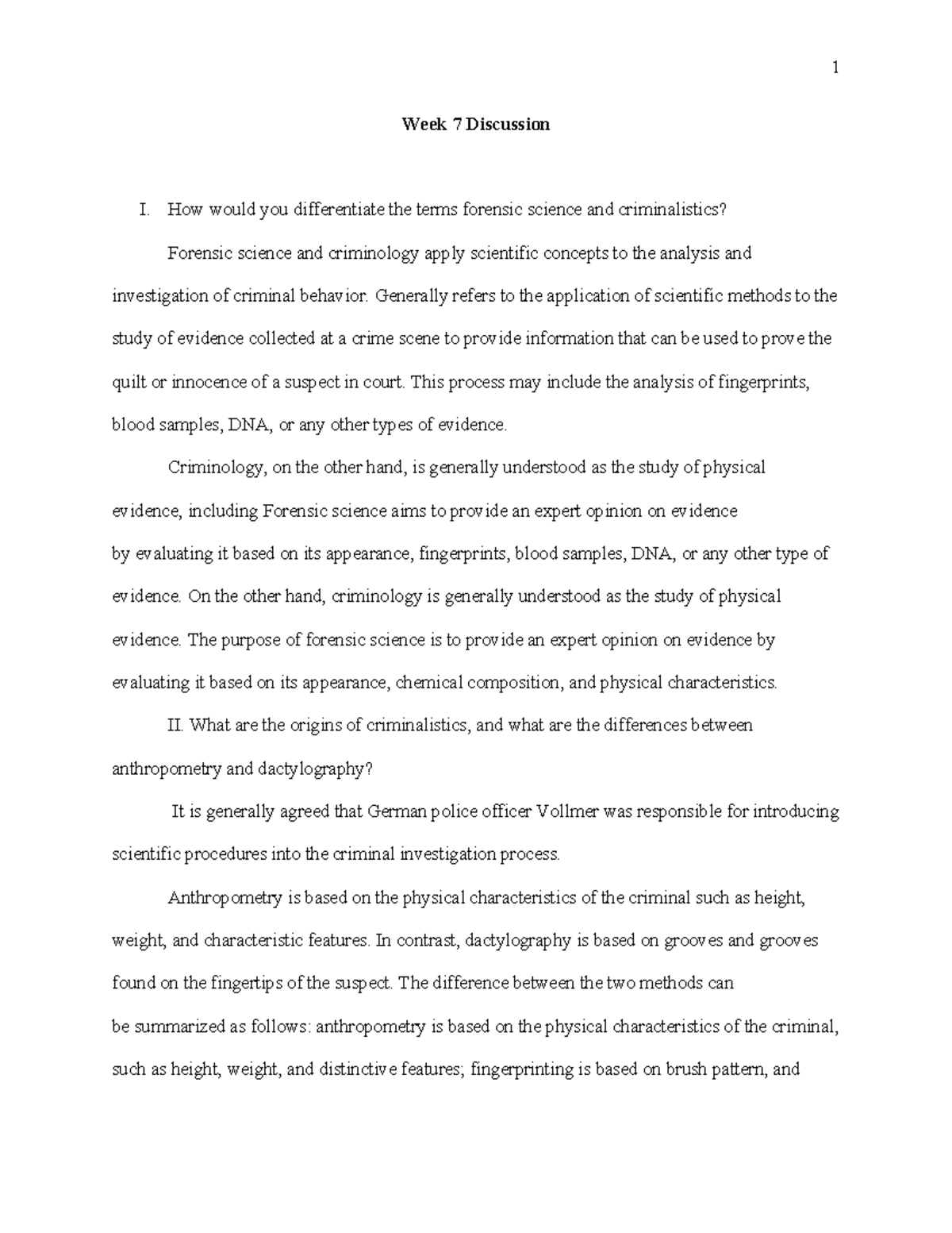 Week 7 Discussion: Forensic Science vs. Criminalistics Concepts - Studocu