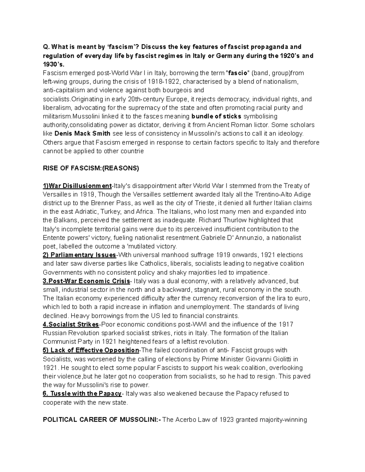 Key Features of Fascism and Propaganda in Italy (HIST 101) - Studocu
