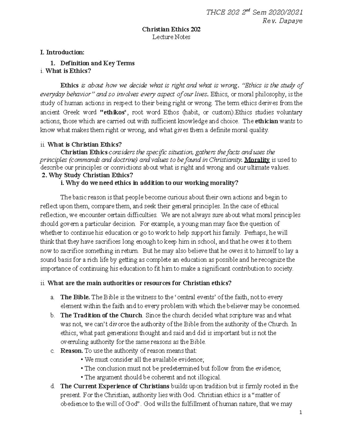 Christian Ethics 202 Lecture Notes: Key Concepts & Foundations - Studocu