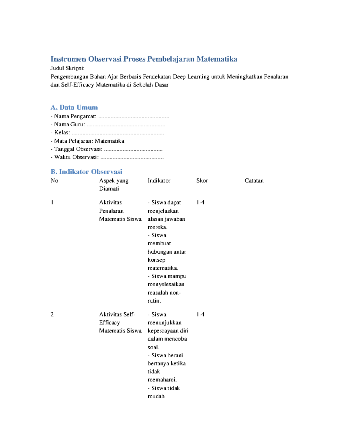 Instrumen Observasi Pembelajaran Matematika Berbasis Deep Learning ...