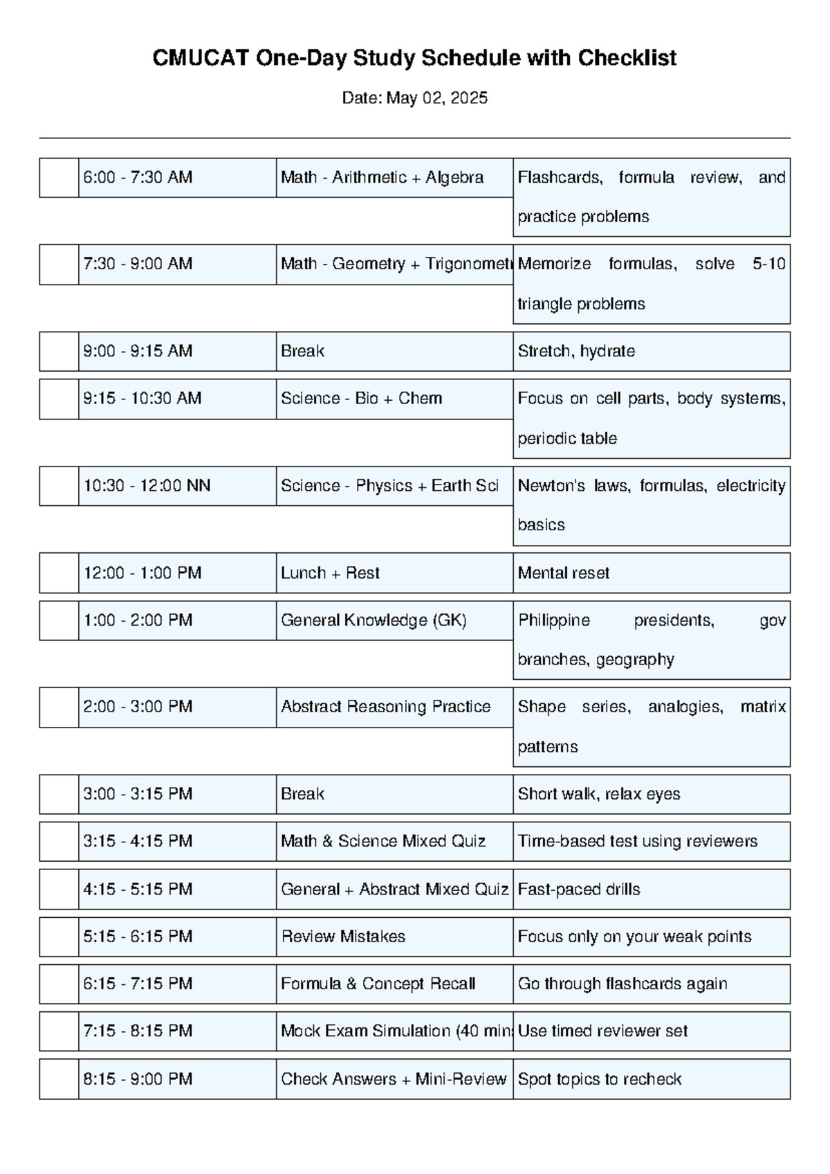 CMUCAT One-Day Study Schedule & Checklist for Success - Studocu