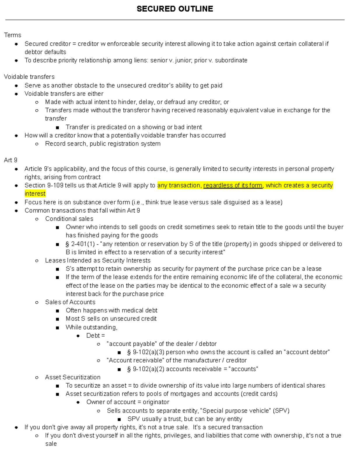Secured Transactions Outline (Law 301) - Key Concepts & Perfection ...