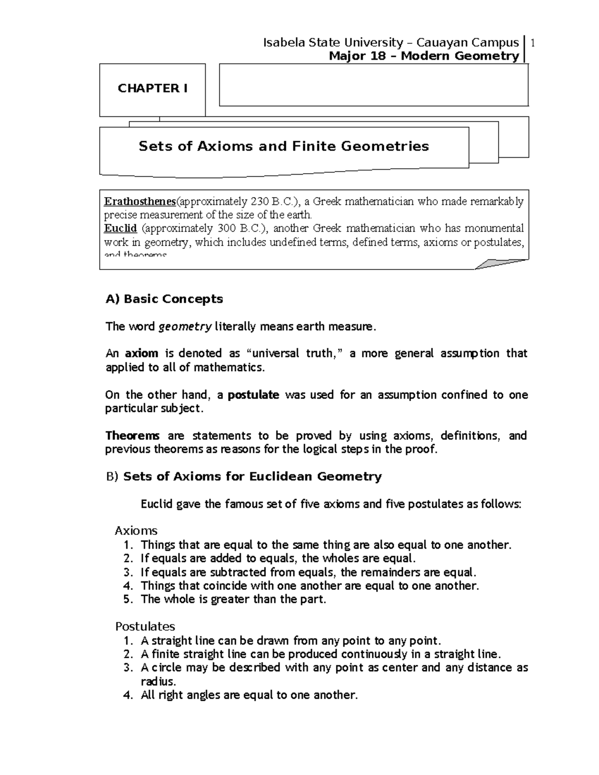 Chapter 1: Axioms and Finite Geometries in Modern Geometry (Major 18 ...