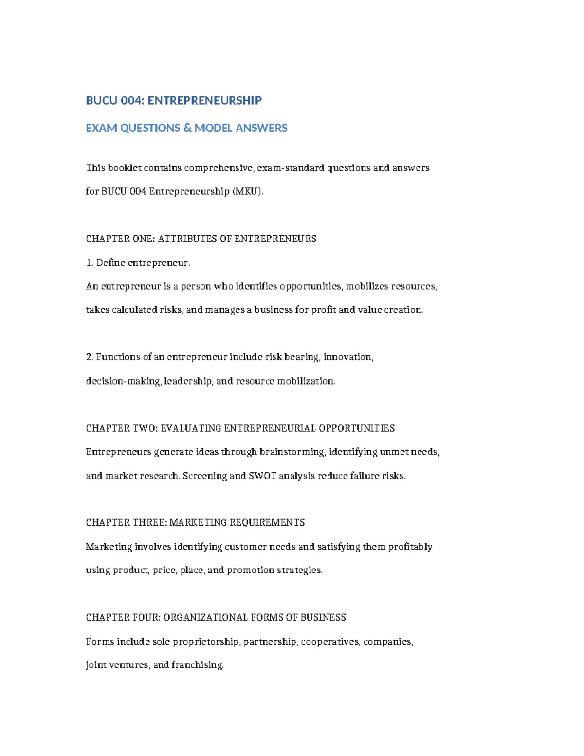 BUCU 004: Model Answers for Entrepreneurship Exam Questions - Studocu