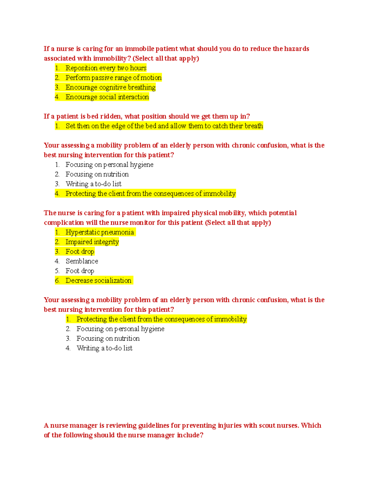 Exam 4 Pop Health Practice Ques: Immobility & Patient Care Strategies ...