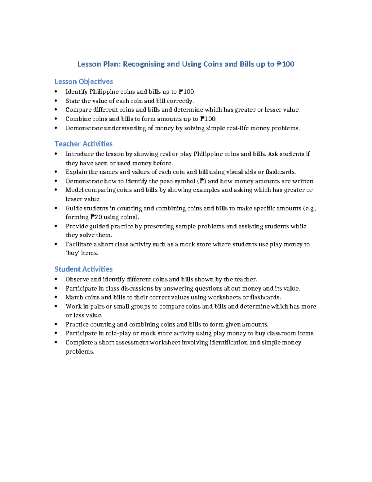 Lesson Plan: Recognizing and Using Coins and Bills - Money-2 - Studocu