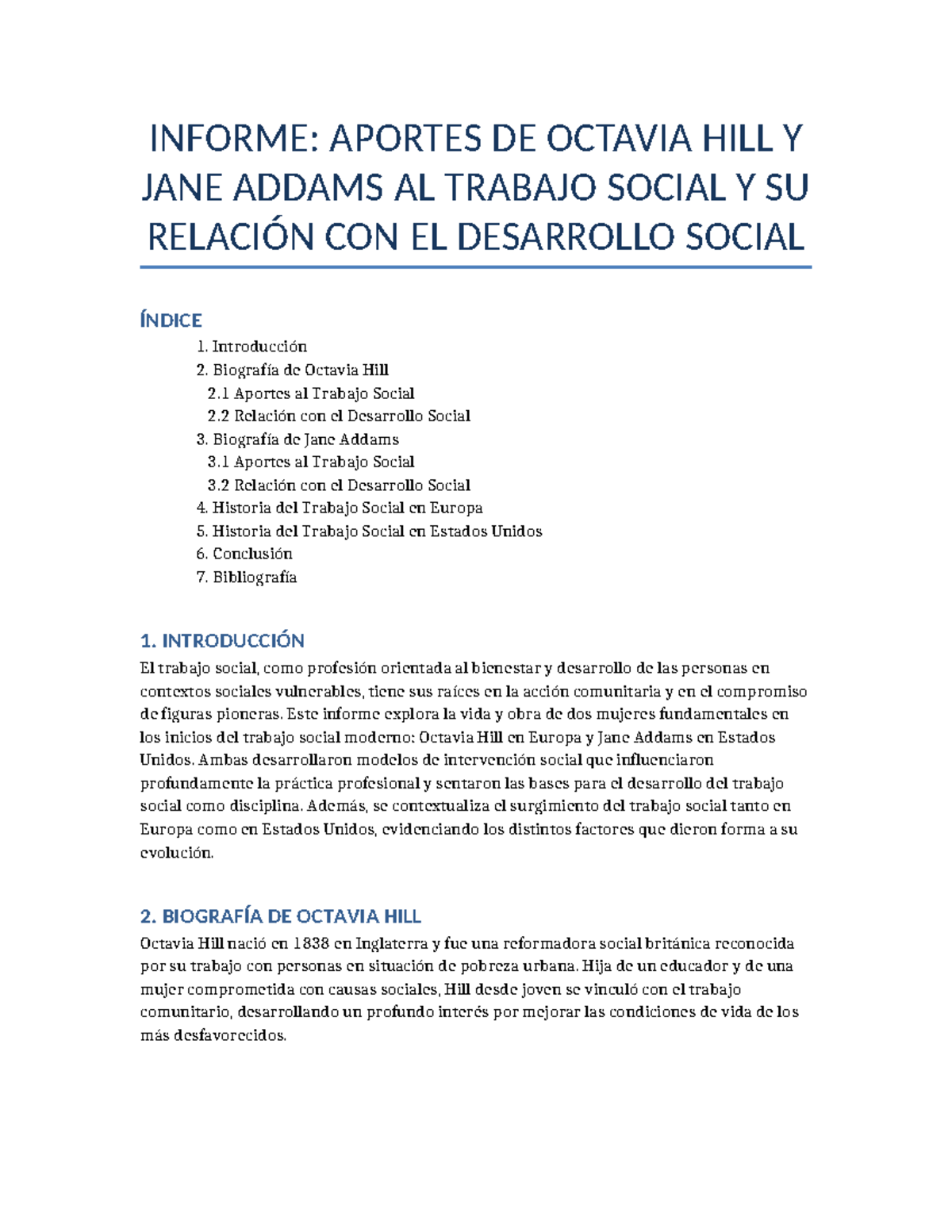 Informe: Aportes de Octavia Hill y Jane Addams al Trabajo Social - Studocu