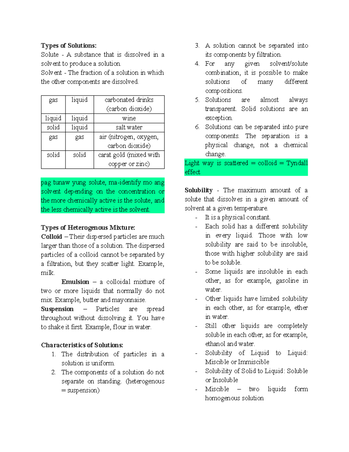 Types of Solutions - Types of Solutions: Solute - A substance that is ...