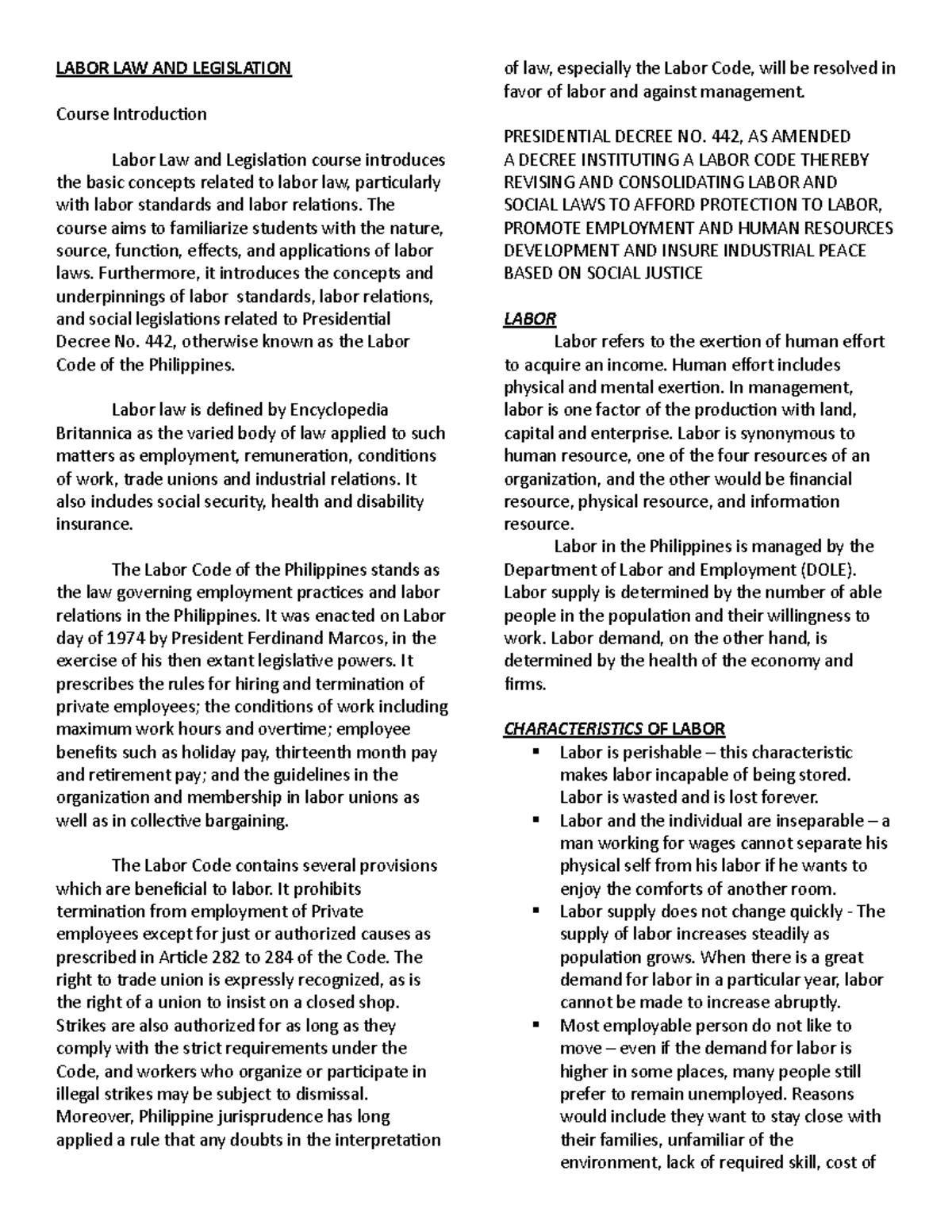 Labor Law and Legislation (Module Summary: Key Concepts & Issues) - Studocu