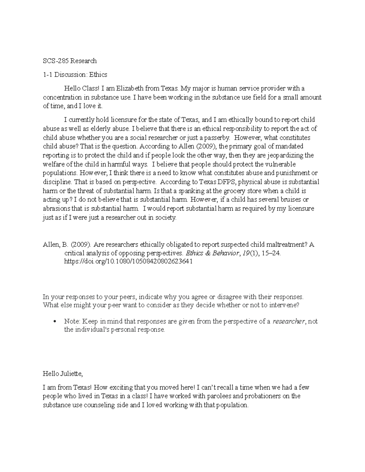 SCS-285 Ethics Discussion: Understanding Child Abuse Reporting - Studocu