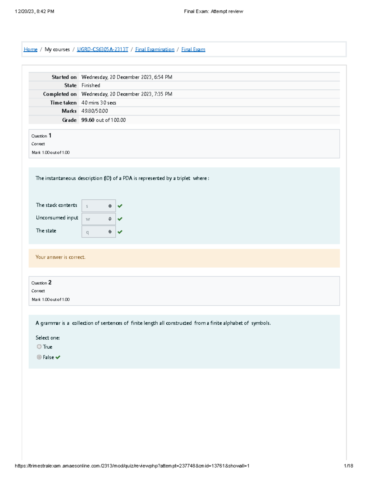 Final Exam UGRD-CS6305A-2313T: Automata Theory Overview - Studocu