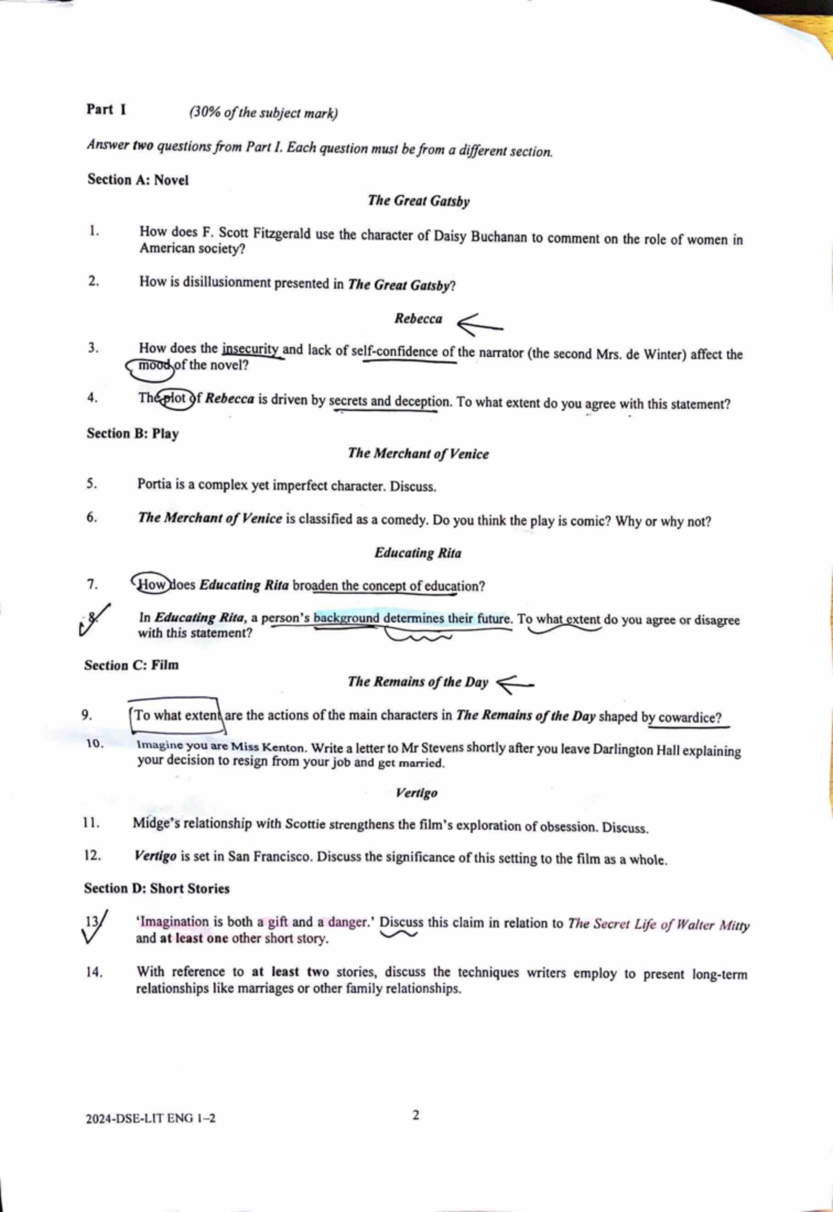 2024-DSE-LIT Final Exam: English Literature Paper Analysis - Studocu