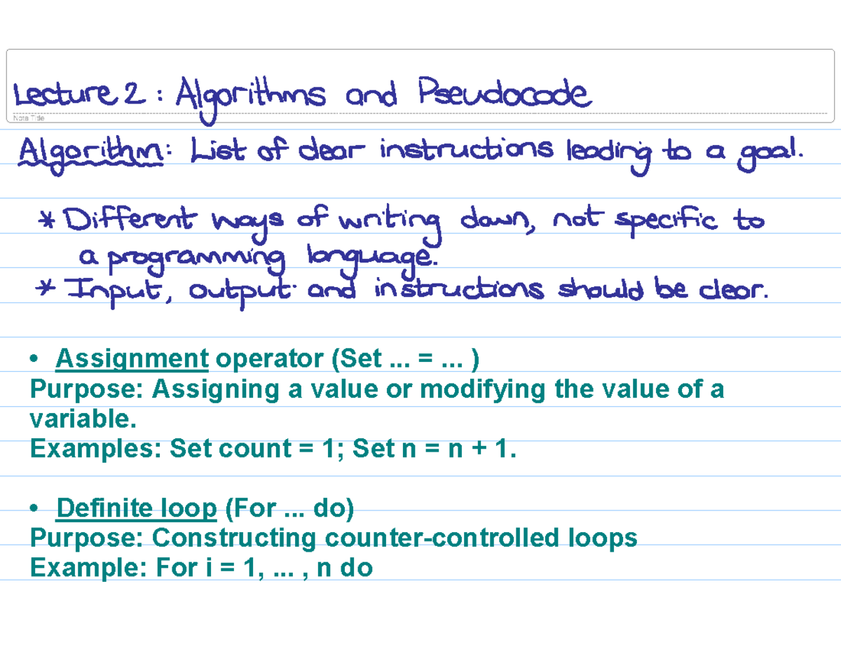 Lecture 2 - Algorithms & Pseudocode Overview - Studocu