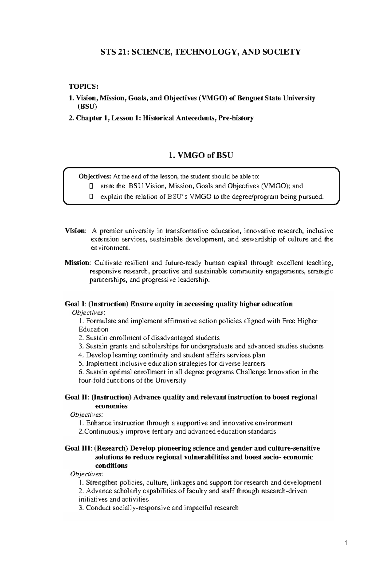 STS 21: Ch 1 Lesson 1 - VMGO of Benguet State University (2nd Sem 2025 ...