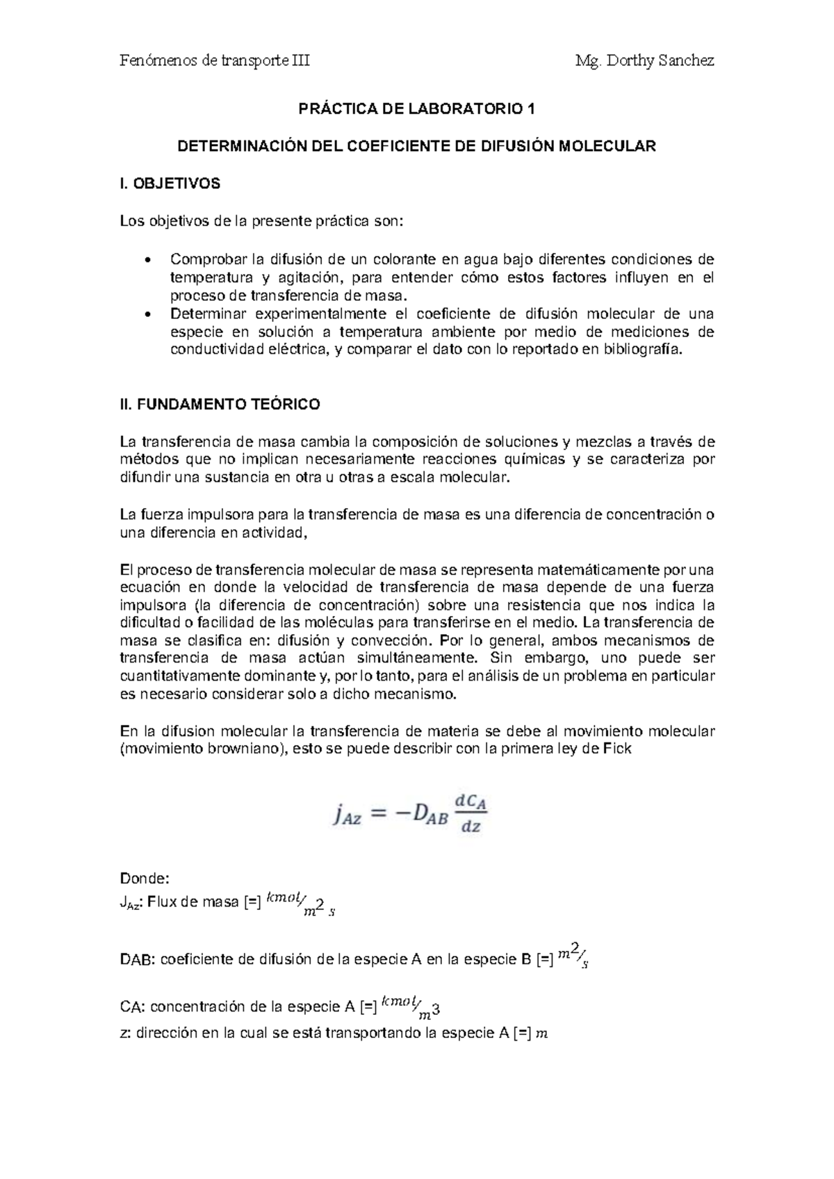 Práctica de Laboratorio 1: Determinación del Coeficiente de Difusión Molecular - Studocu