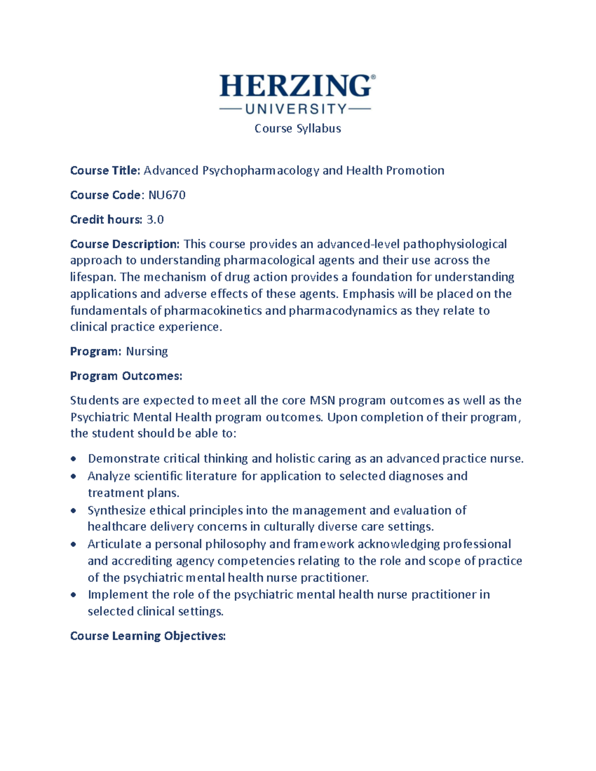 NU670 Advanced Psychopharmacology & Health Promotion Syllabus 2022 ...