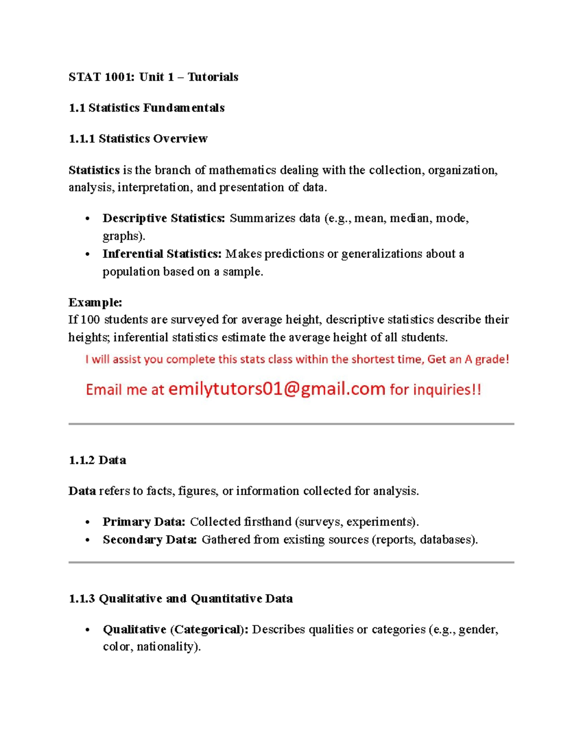 STAT 1001: Unit 1 Notes - Key Principles of Statistics - Studocu