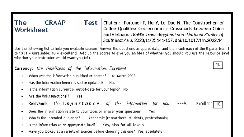 CRAAP Test Worksheet for Citation: Fortunel et al. on Coffee Qualities ...
