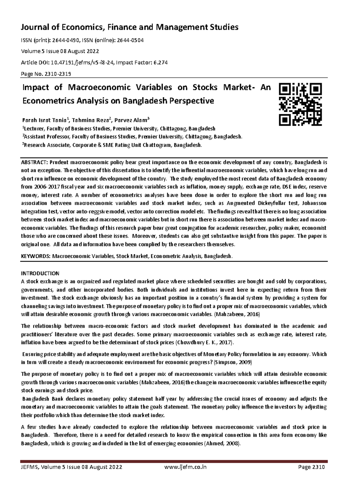 Impact of Macroeconomic Variables on Sto - Journal of Economics ...
